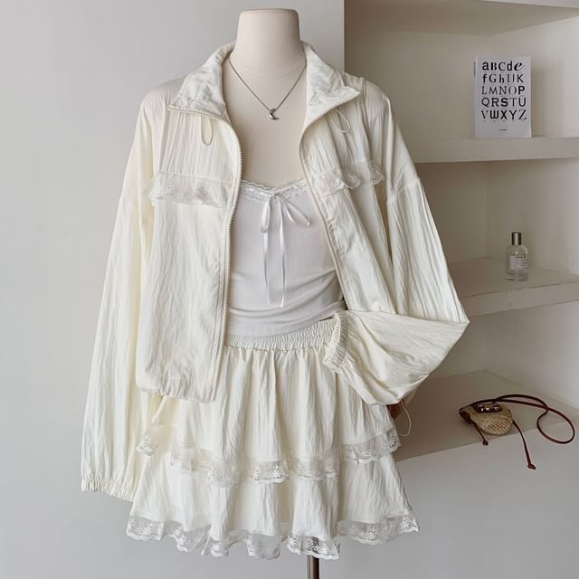 Dute - Set: Lace Trim Zip Jacket + High Rise Lace Trim Mini A-Line ...