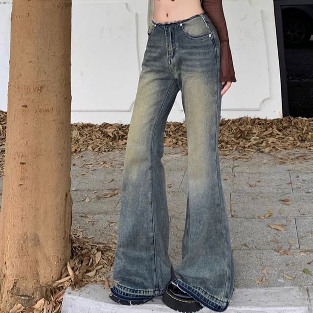 Okalpis - Low Rise Frayed Bell Bottom Jeans | YesStyle