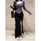 NENE - Long-Sleeve Scoop Neck Plain Top / High Rise Asymmetrical Maxi ...