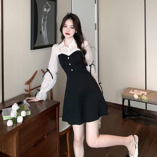 Sienne - Cinched Sleeve Collared Bow Frill Mock Two Piece Mini A-Line ...