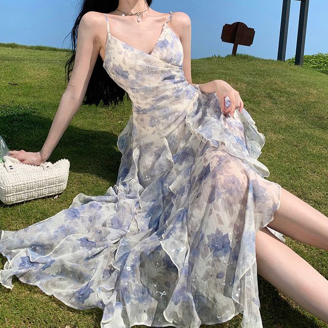 Egsy - Spaghetti Strap Floral Slit Ruffle Trim Midi A-Line Sundress ...