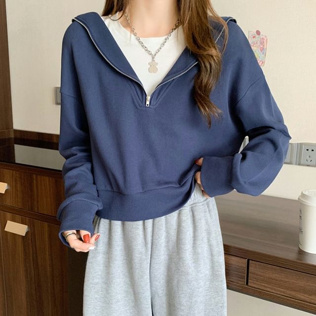 Sienne - Sailor Collar Mock Two-Piece Two Tone Half-Zip Crop Pullover ...