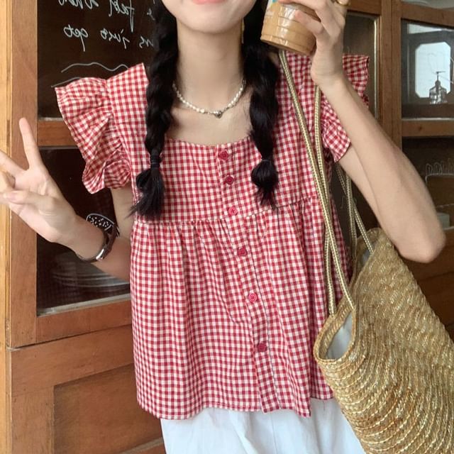 Yako - Short-Sleeve Gingham Ruffle Blouse | YesStyle