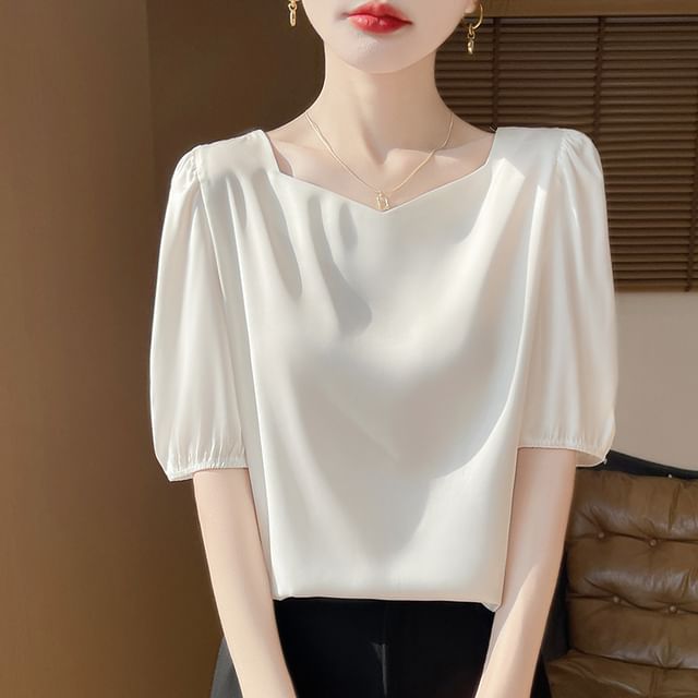 Weelop - Puff-Sleeve Square-Neck Satin Blouse | YesStyle