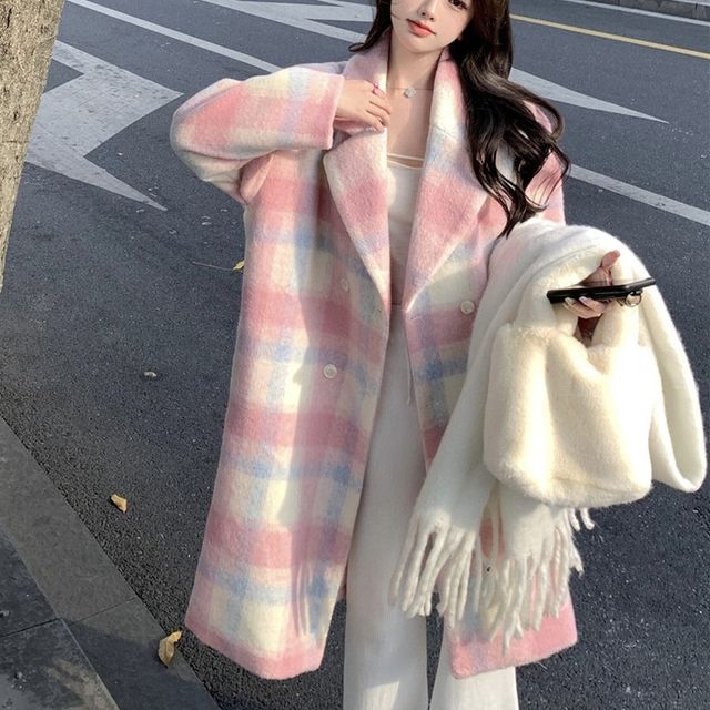 Strawolf - Notch Lapel Plaid Double-Breasted Padded Coat | YesStyle