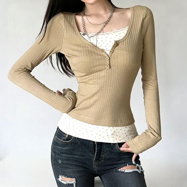 Sosana - Long Sleeve Mock Two Piece Floral Print Slim-Fit Knit Top ...