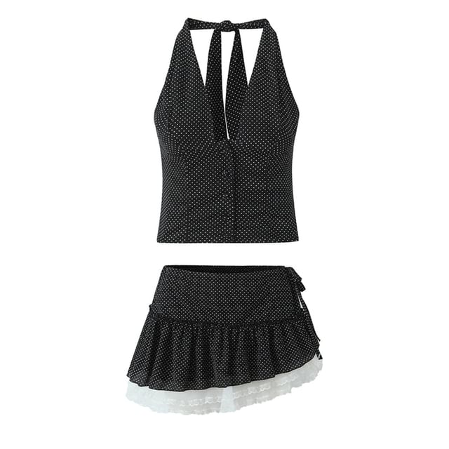 Ulark - Halter V-Neck Dotted Open Back Button-Up Crop Top / High Waist ...