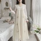 Moregirl - Puff-Sleeve V-Neck Flower Embroidered Maxi Smock Dress ...