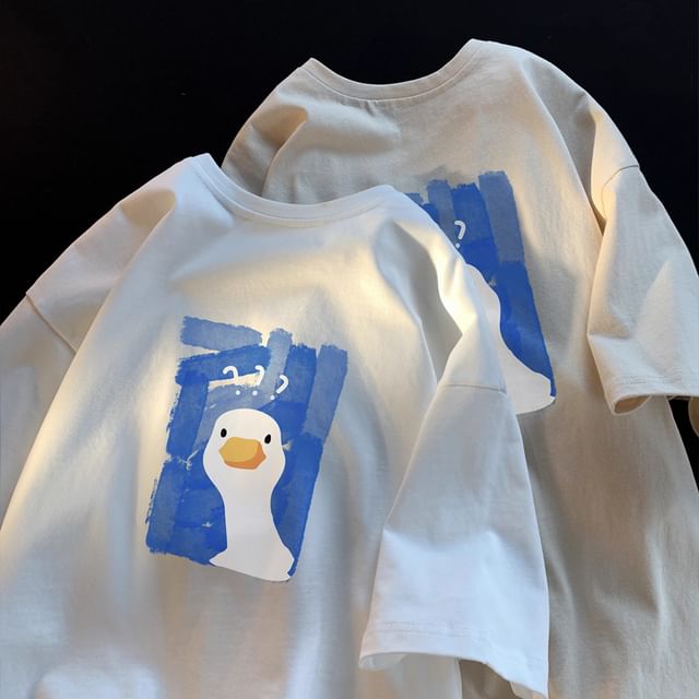 JUN.LEE - Elbow-Sleeve Crew Neck Goose Print T-Shirt | YesStyle