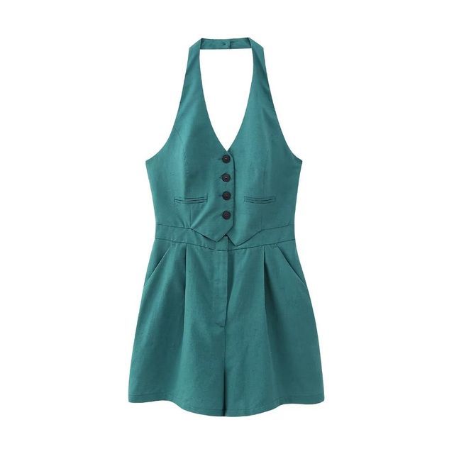 Cumulys - Halter Neck Plain Open Back Half-Button Wide Leg Romper ...