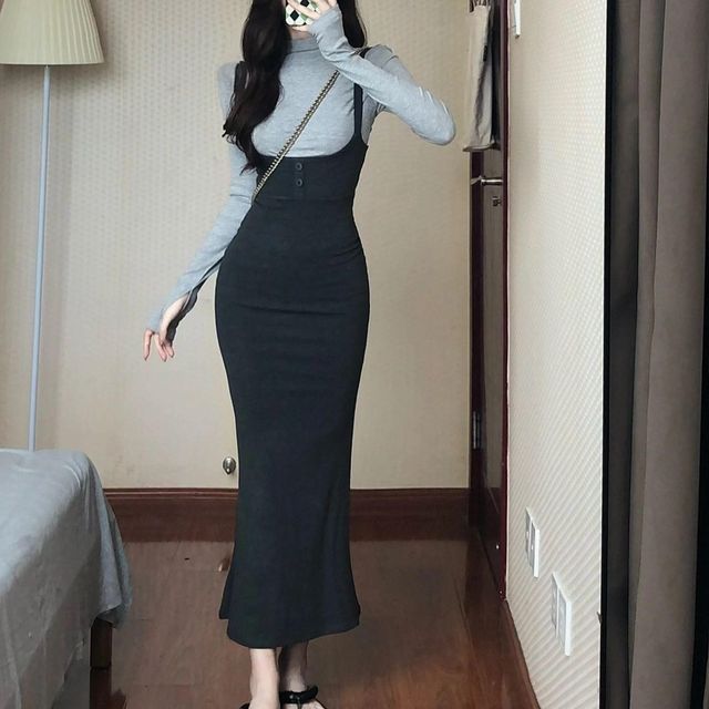 Tantelion - Long-Sleeve Mock Neck Plain Tee / Button Accent Midi ...