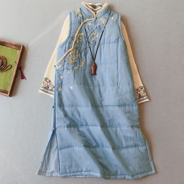 Vateddy - Embroidered Padded Mandarin Collar Long Vest | YesStyle