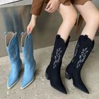 KICKOFF - Low-Heel Embroidered Denim Tall Boots | YesStyle