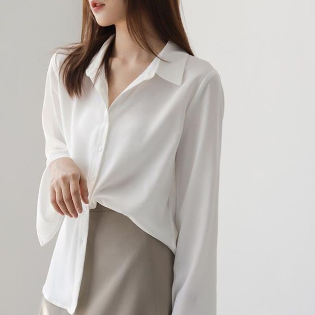 Dipssi - Bell-Sleeve Open-Collar Blouse | YesStyle