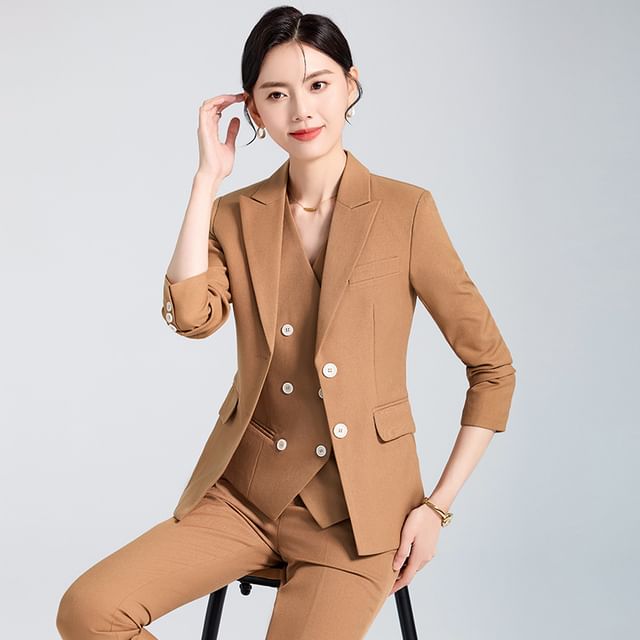Princess Min - Set: Lapel Collar Plain Single Breasted Blazer + High ...
