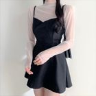 ISSOL - Long-Sleeve Mock Neck Plain Mesh Top / Spaghetti Strap Mini A ...