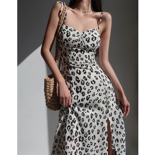 Honmizz Spaghetti Strap Leopard Print Slit Midi Dress Yesstyle