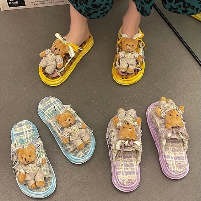 Burumaphia - Teddy Bear Plaid Platform Slide Sandals | YesStyle