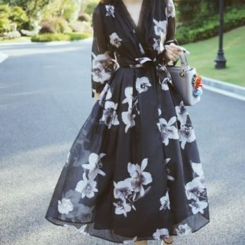 Furuto - Cropped Sleeve Floral Wrap Midi Dress | YesStyle