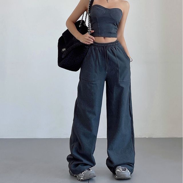 LIVIE - Plain Bustier Tube Top / Drawstring Waist Wide Leg Pants | YesStyle