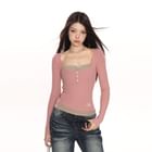 Berrytrix - Long-Sleeve Henley Letter Embroidered Lace Trim Mock Two ...