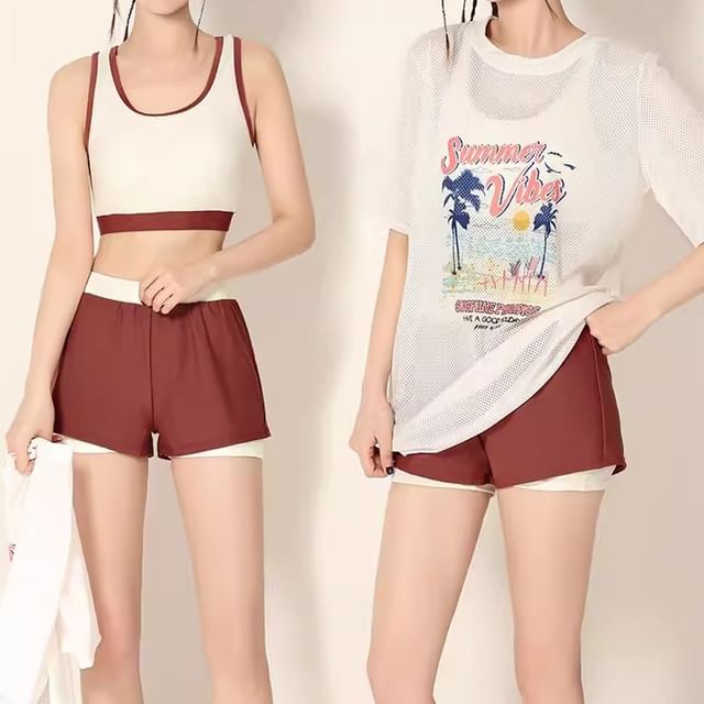Sancus - Set: Scoop Neck Contrast Trim Tankini Top + Mock Two Piece ...