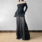 Honet - Long Sleeve Off-Shoulder Plain Mesh Panel See-Through Maxi ...
