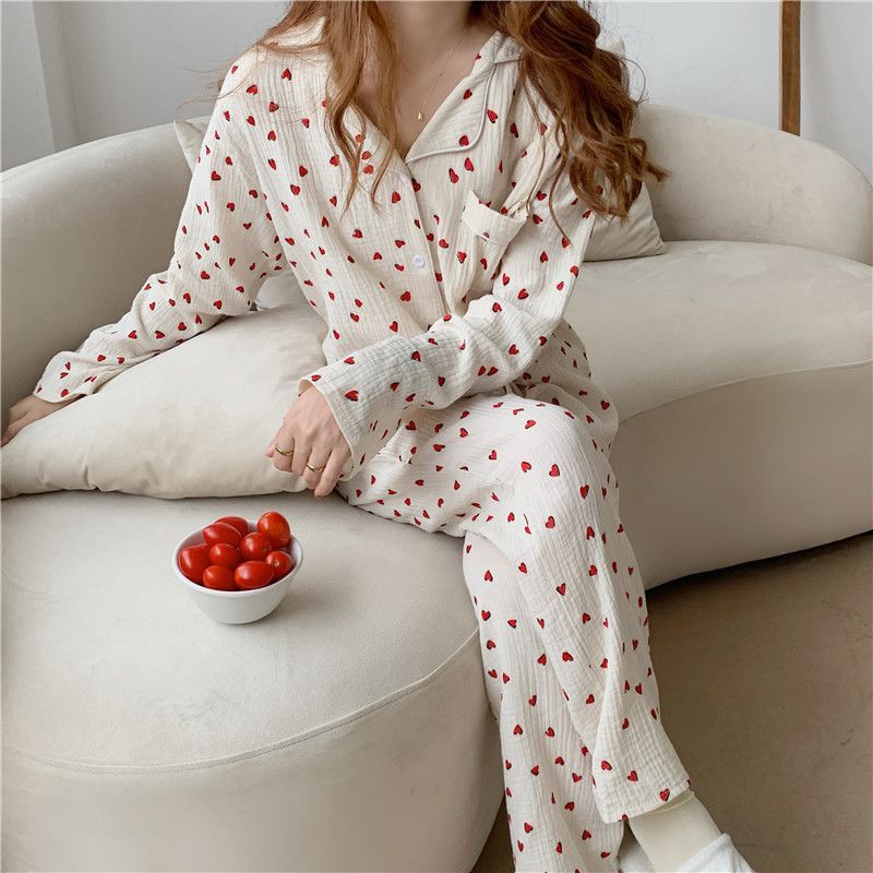 Tanee Pajama Set: Heart Print Long-Sleeve Loose-Fit Top + Pants | YesStyle