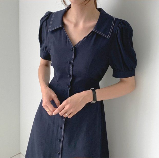 minaga Collared Short-Sleeve Midi A-Line Dress | YesStyle