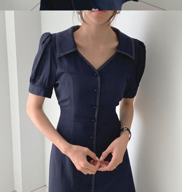 minaga Collared Short-Sleeve Midi A-Line Dress | YesStyle