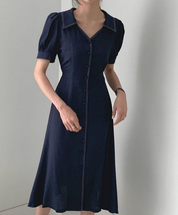 minaga Collared Short-Sleeve Midi A-Line Dress | YesStyle