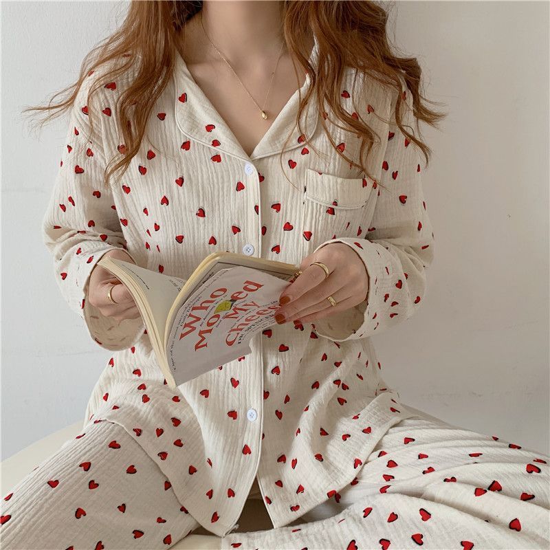 Tanee Pajama Set: Heart Print Long-Sleeve Loose-Fit Top + Pants | YesStyle