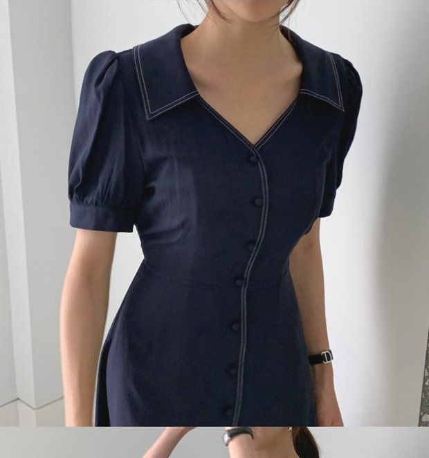 minaga Collared Short-Sleeve Midi A-Line Dress | YesStyle