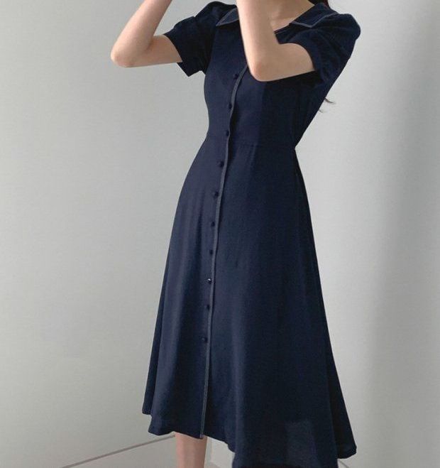 minaga Collared Short-Sleeve Midi A-Line Dress | YesStyle