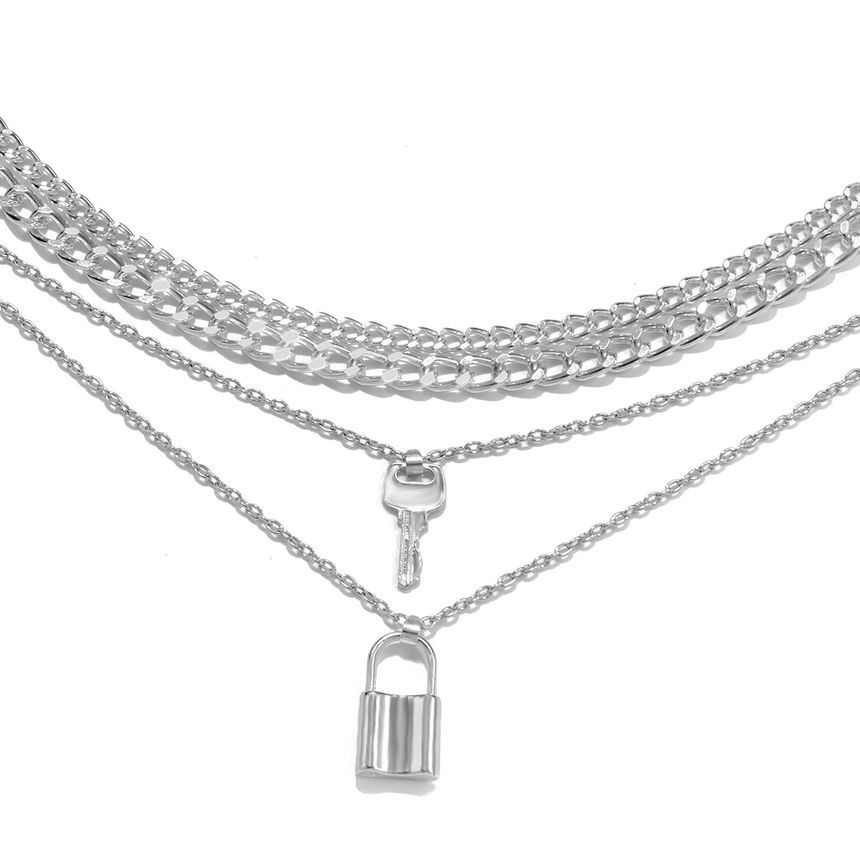 YASIN Set of 2: Layered Lock & Key Pendant Necklace + Layered Chain ...