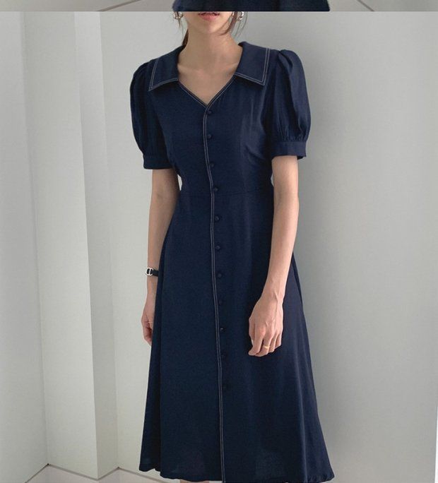 minaga Collared Short-Sleeve Midi A-Line Dress | YesStyle