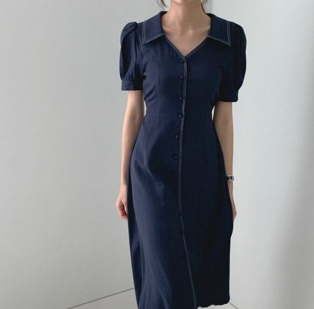 minaga Collared Short-Sleeve Midi A-Line Dress | YesStyle