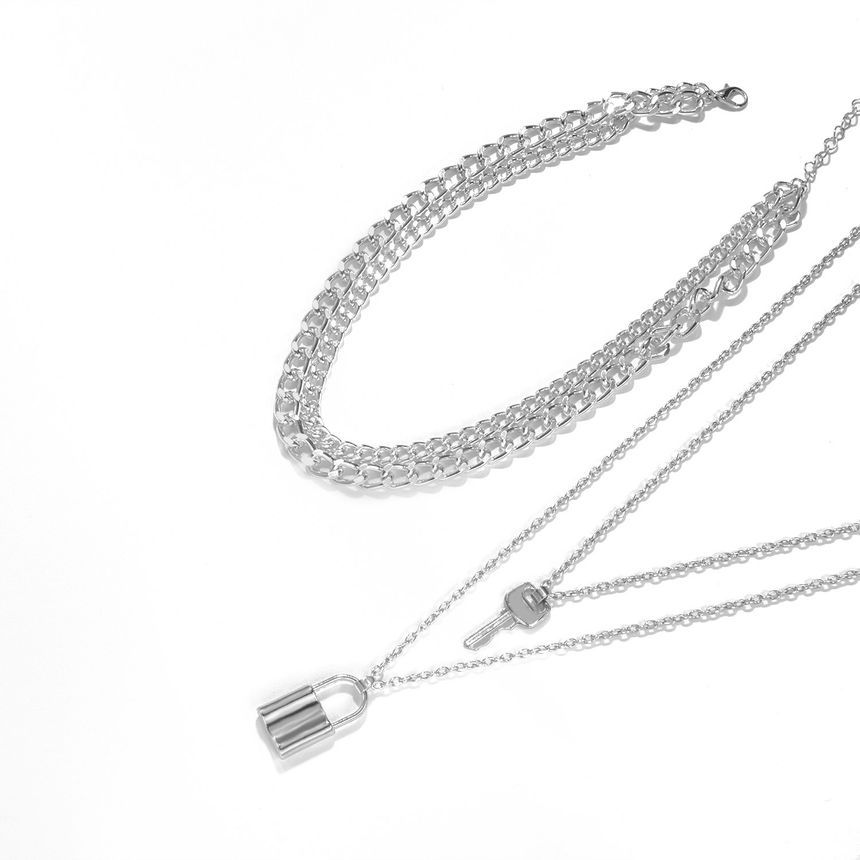 YASIN Set of 2: Layered Lock & Key Pendant Necklace + Layered Chain ...