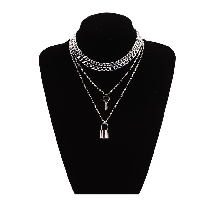 YASIN Set of 2: Layered Lock & Key Pendant Necklace + Layered Chain ...
