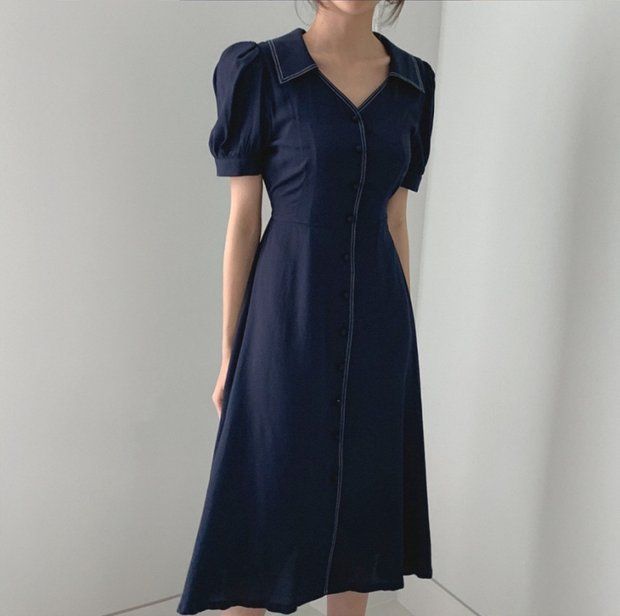 minaga Collared Short-Sleeve Midi A-Line Dress | YesStyle