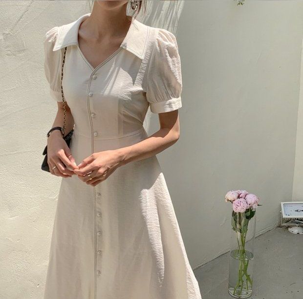 minaga Collared Short-Sleeve Midi A-Line Dress | YesStyle