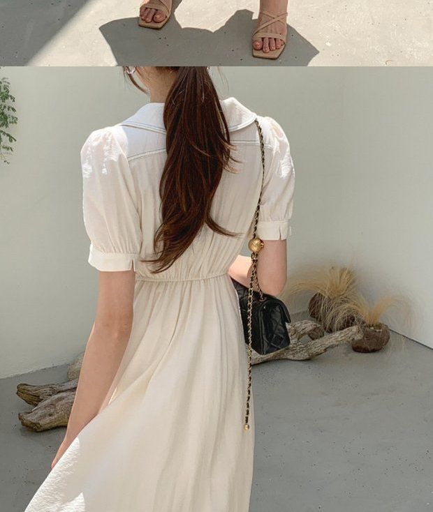 minaga Collared Short-Sleeve Midi A-Line Dress | YesStyle