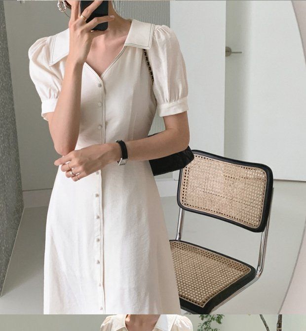 minaga Collared Short-Sleeve Midi A-Line Dress | YesStyle