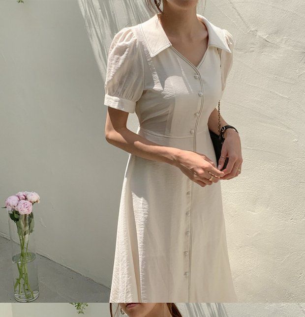 minaga Collared Short-Sleeve Midi A-Line Dress | YesStyle