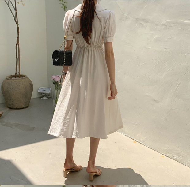 minaga Collared Short-Sleeve Midi A-Line Dress | YesStyle