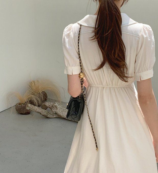 minaga Collared Short-Sleeve Midi A-Line Dress | YesStyle