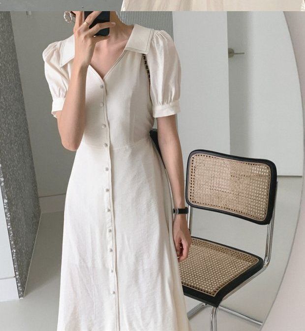 minaga Collared Short-Sleeve Midi A-Line Dress | YesStyle