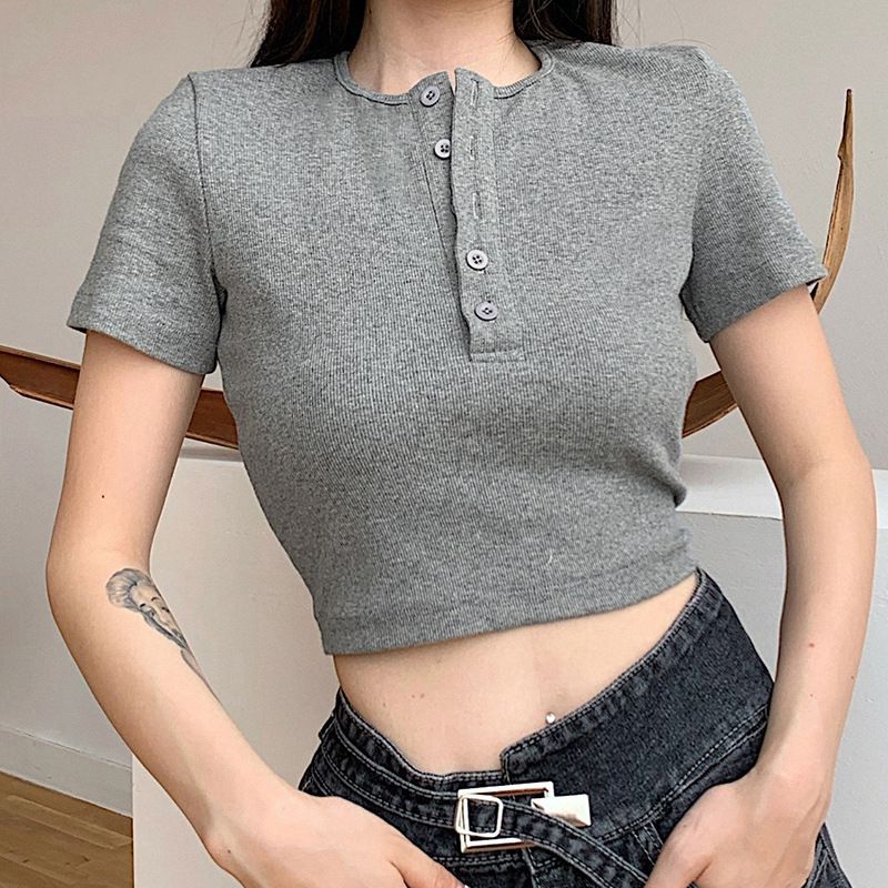 Trisica Short-Sleeved Cropped Henley Top | YesStyle