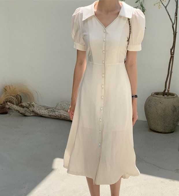 minaga Collared Short-Sleeve Midi A-Line Dress | YesStyle