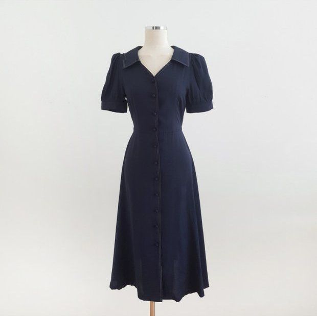 minaga Collared Short-Sleeve Midi A-Line Dress | YesStyle